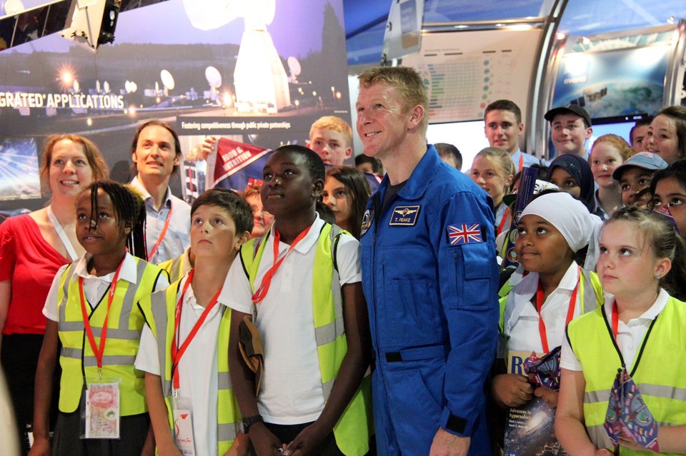 Tim Peake and Libby Jackson with school children - Destination Space